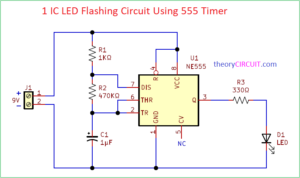 1 IC LED Flashing Circuit Using 555 Timer
