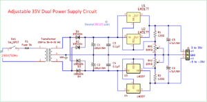 Adjustable 35V Dual Power Supply Circuit
