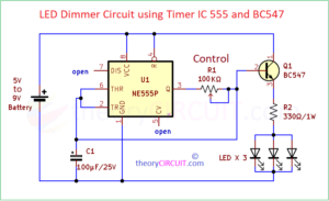 LED Dimmer Circuit using Timer IC 555 and BC547